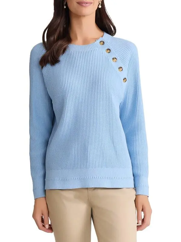 Jones New York Button Shoulder Cotton Blend Sweater - Chintz Blue