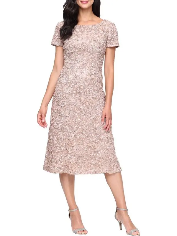 Alex Evenings Sequin Soutache Lace Cocktail Midi Dress - Champagne