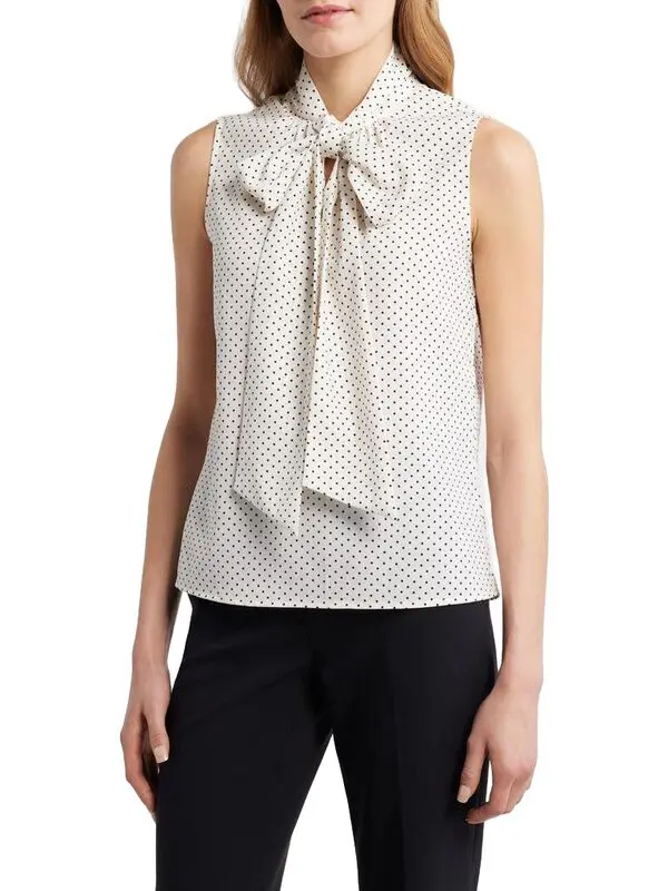 Anne Klein Polka Dot Sleeveless Blouse With Bow - White Dove/anneblack