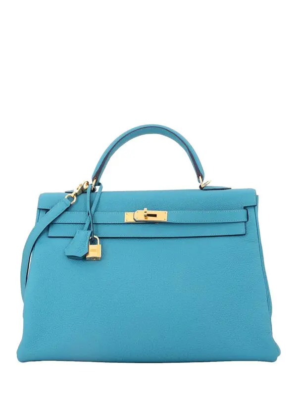HERMES Kelly Handbag Blue Togo With Gold Hardware 35 - Turquoise