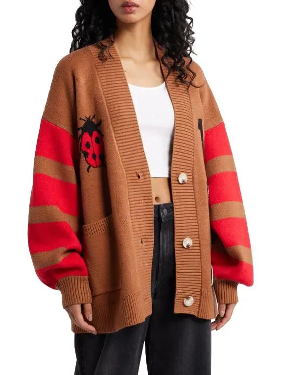 DRESSED IN LALA Ladybug Letterman Cardigan - Brown/red