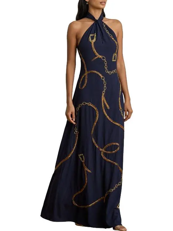Ralph Lauren Beaded Sequin Halter Gown - Navy Multi