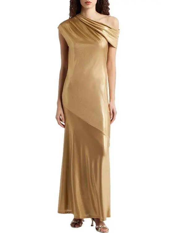 Ralph Lauren Metallic One-shoulder Gown - Relic Gold/gold Foil