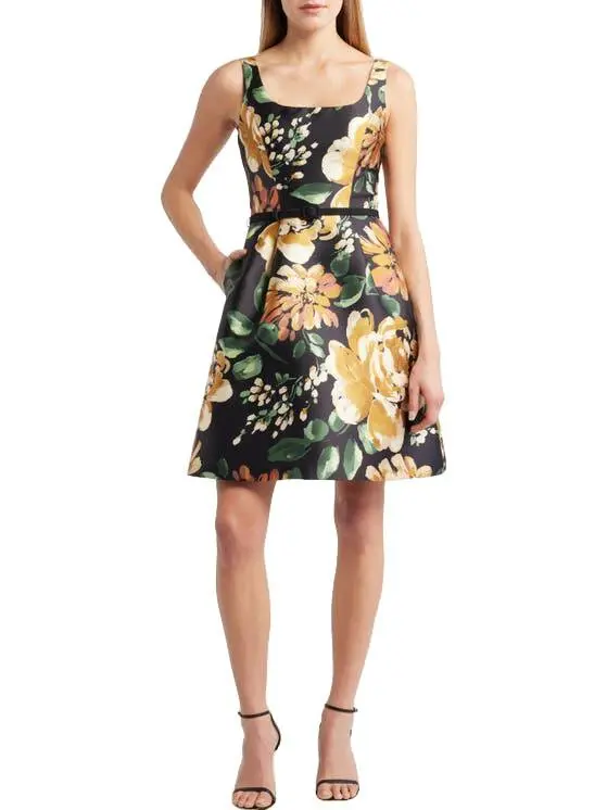 Julia Jordan Floral Belted Cocktail Mini Dress - Black Yellow