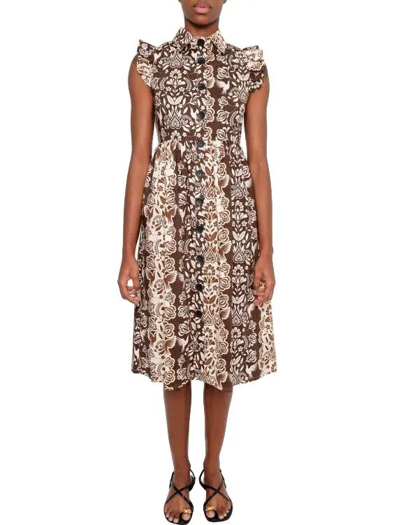THE LULO PROJECT Flying Pier Floral Print Midi Dress - Brown Folk Paisley