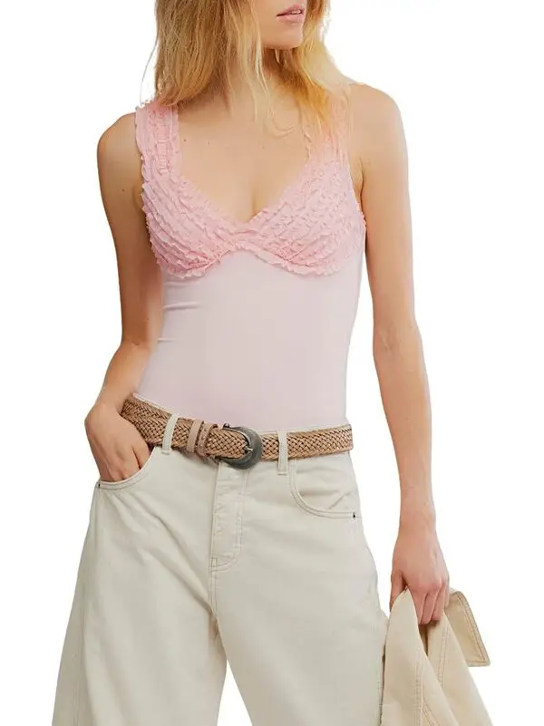 Free People Party Favor Ruffle Bodysuit - Pink Ribbons