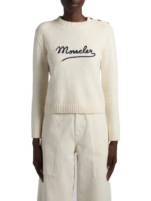 Moncler Embroidered Logo Crop Crewneck Sweater - Silk White