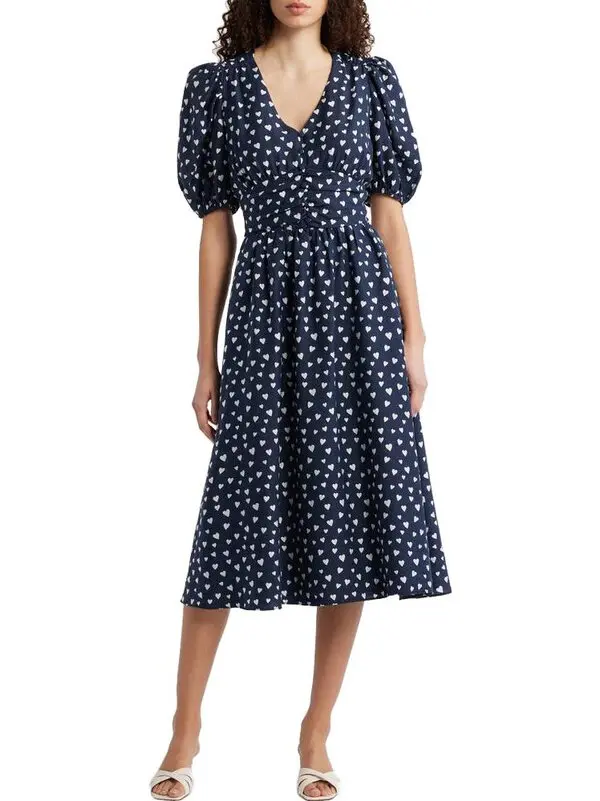 Caslon Puff Sleeve Heart Print Midi Dress - Navy- White Floating Hearts