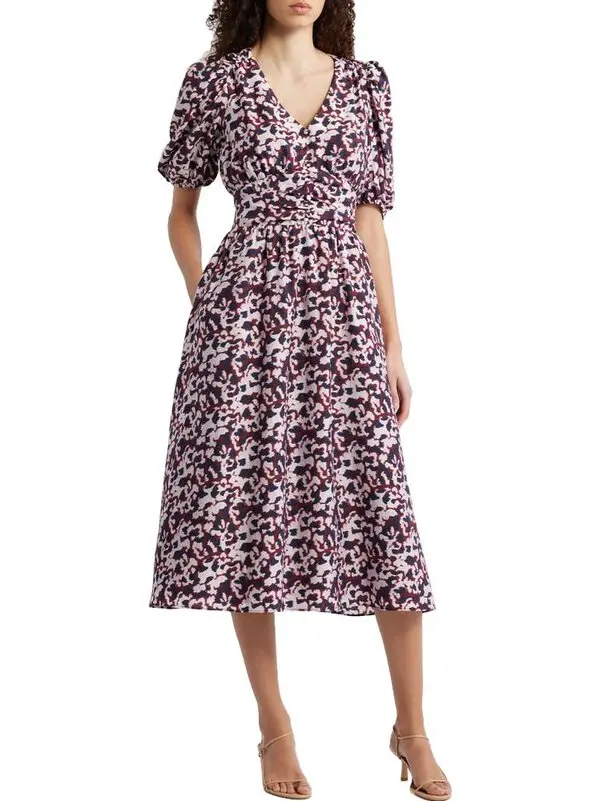 Caslon Puff Sleeve Heart Print Midi Dress - Red- Pink Addie Abstract