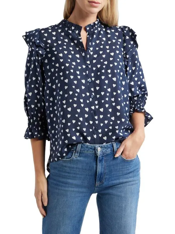 Caslon Printed Ruffle Top - Navy- White Floating Hearts