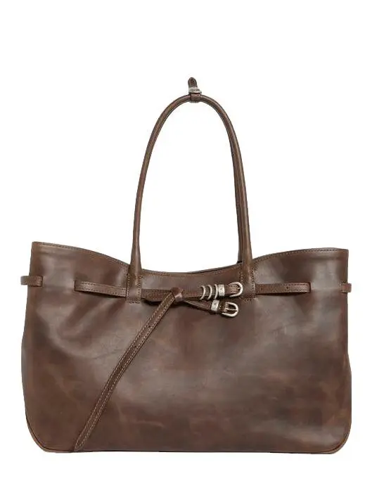 MARGESHERWOOD Grandma Large Buckle Suede Shoulder Bag - Washed Brown Pull-up