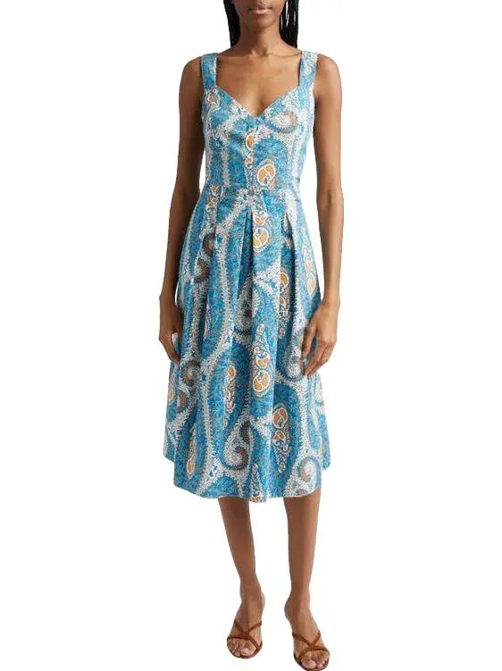Etro Paisley Print Pleated Fit & Flare Midi Dress - Print On White Base