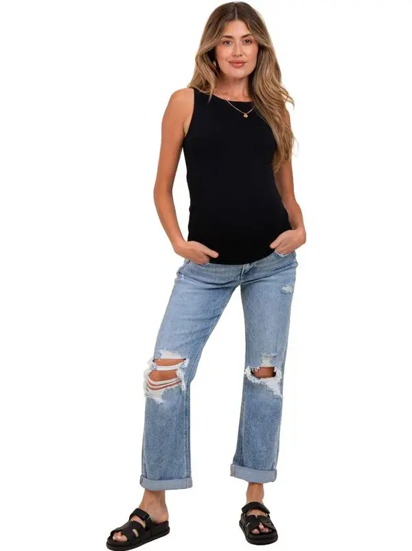 PINKBLUSH Ripped Knee Rolled Cuff Maternity Jeans - Light Blue