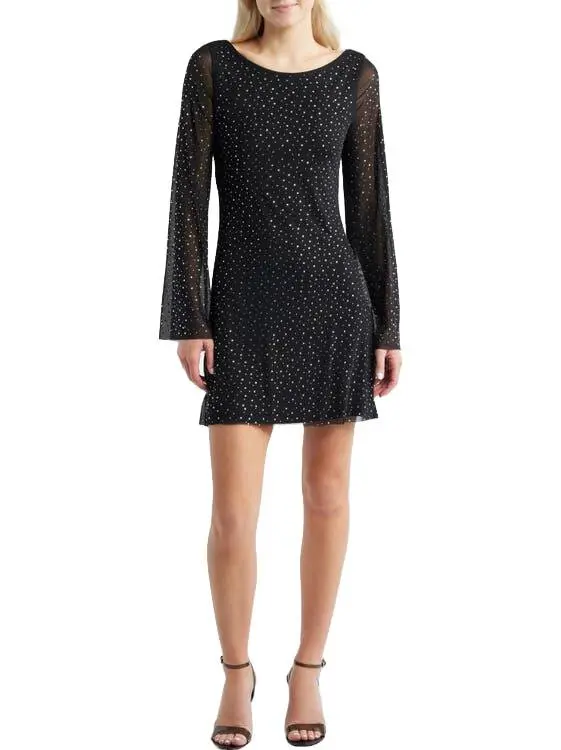 JUMP APPAREL Embellished Bell Sleeve Mesh Minidress - Black