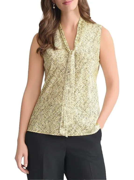 KASPER Tie Neck Sleeveless Satin Top - Pale Yellow Multi