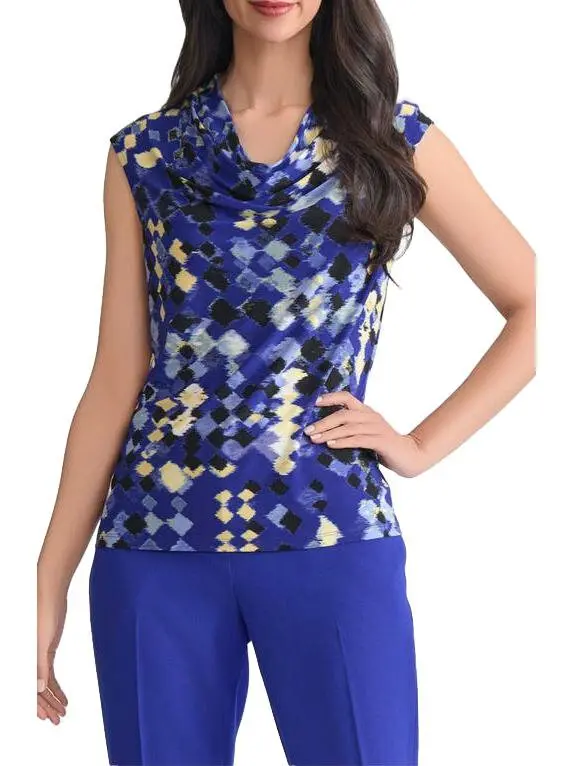 KASPER Blurred Diamond Print Cowl Neck Top - Royal Signature Mlti