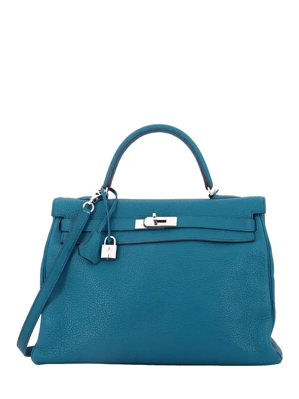 HERMES Kelly Handbag Blue Clemence With Palladium Hardware 35 - Bleu Izmir