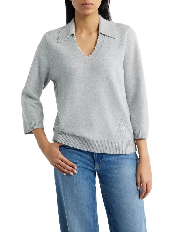 Wit & Wisdom Bead Trim Collared Sweater - Heather Grey