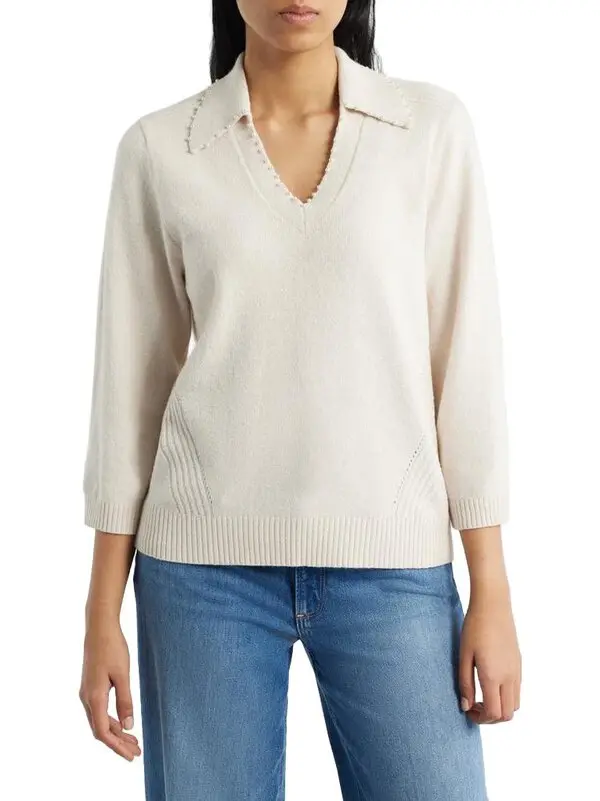 Wit & Wisdom Bead Trim Collared Sweater - Winter Pearl