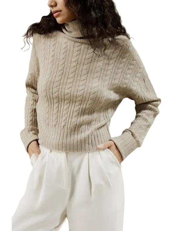 Lilysilk Classic Cable Knit Turtleneck Sweater - Beige