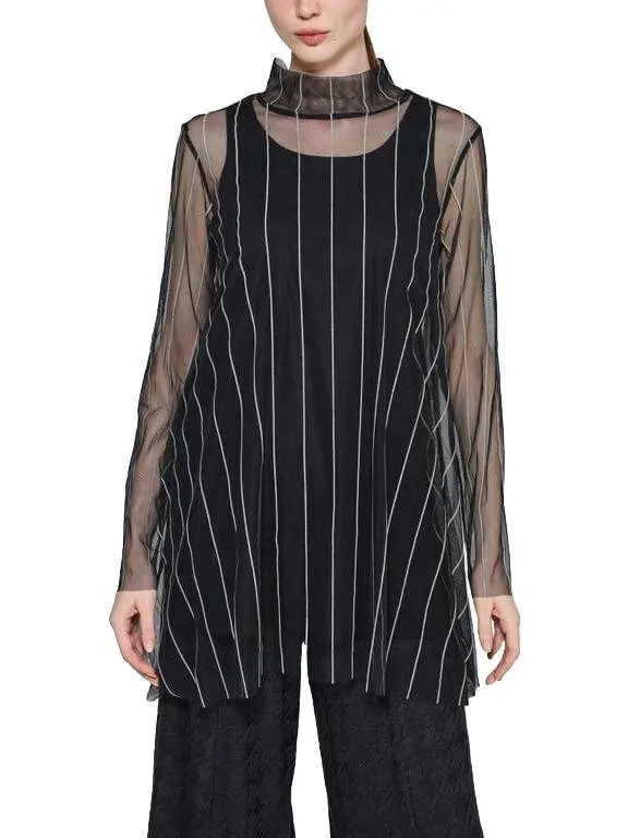 LUUKAA Striped Mesh Layered Blouse - Black Ecru