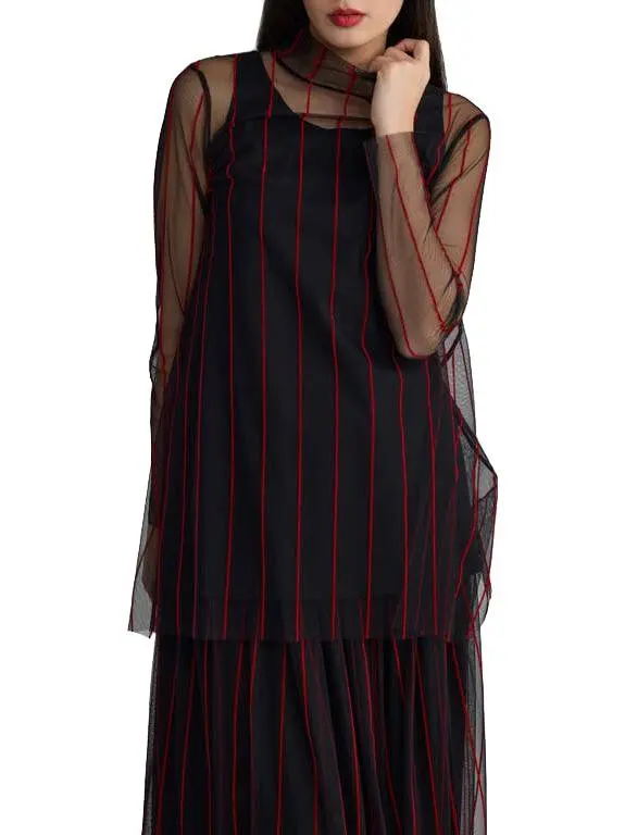 LUUKAA Striped Mesh Layered Blouse - Black Red