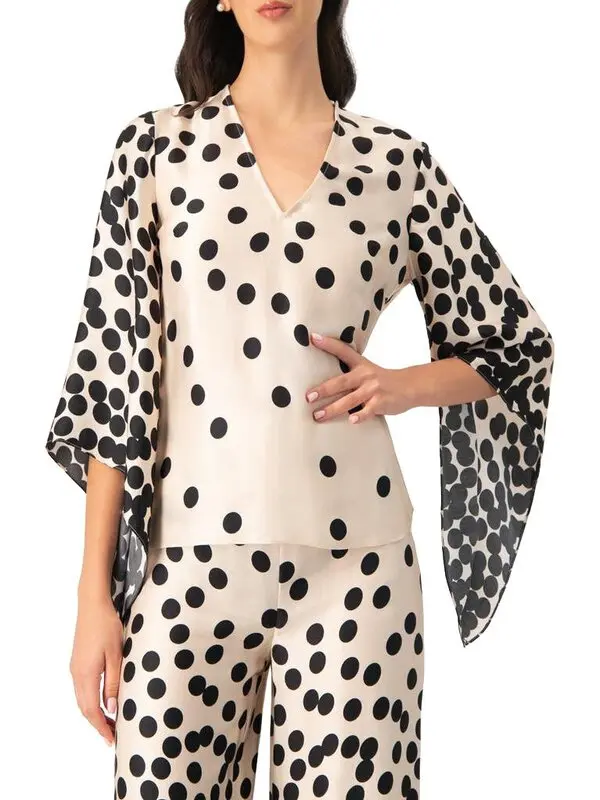IVONNE Polka Dot V-neck Blouse With Wide Sleeves - Natural