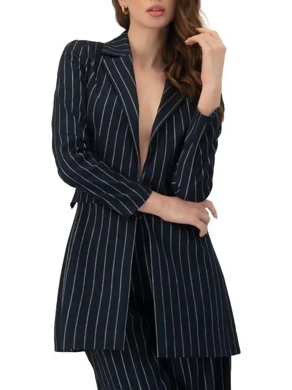 IVONNE Striped Blazer With Patch Pockets - Navy Blue