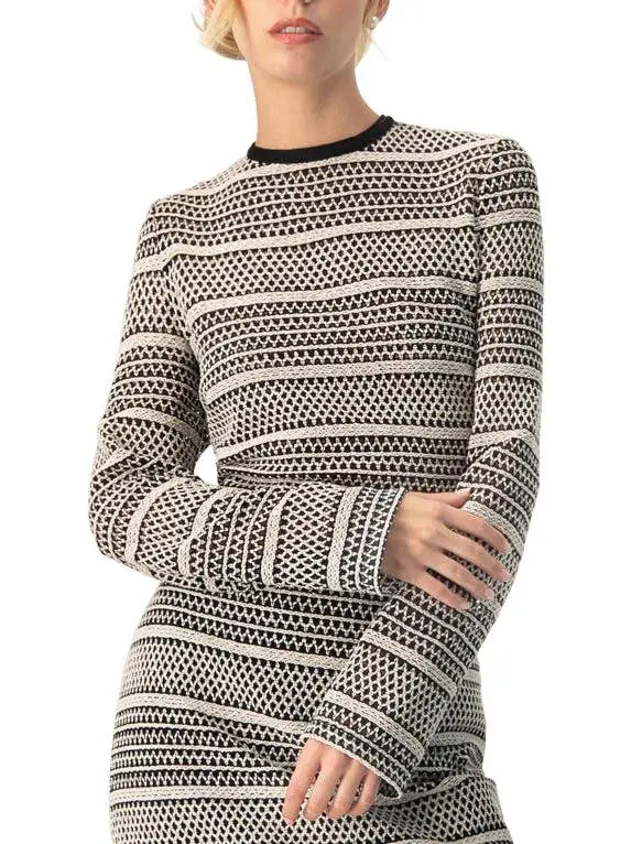 IVONNE Long Sleeve Knit Crop Top With Abstract Pattern - Black