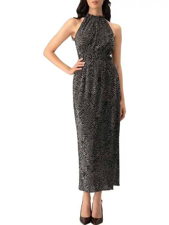 IVONNE Pleated Polka Dot Maxi Dress - Black