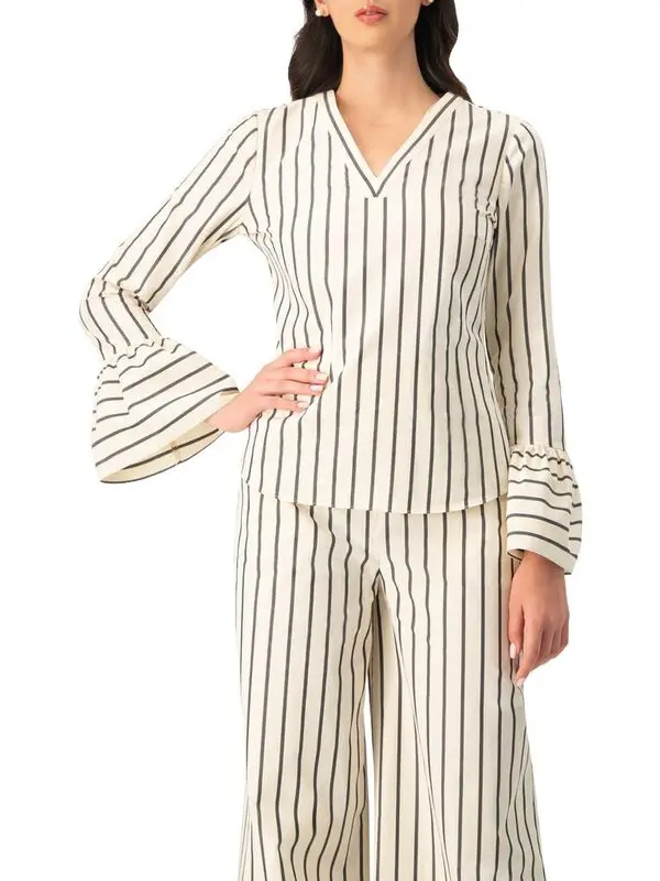 IVONNE Striped V-neck Shirt - Natural