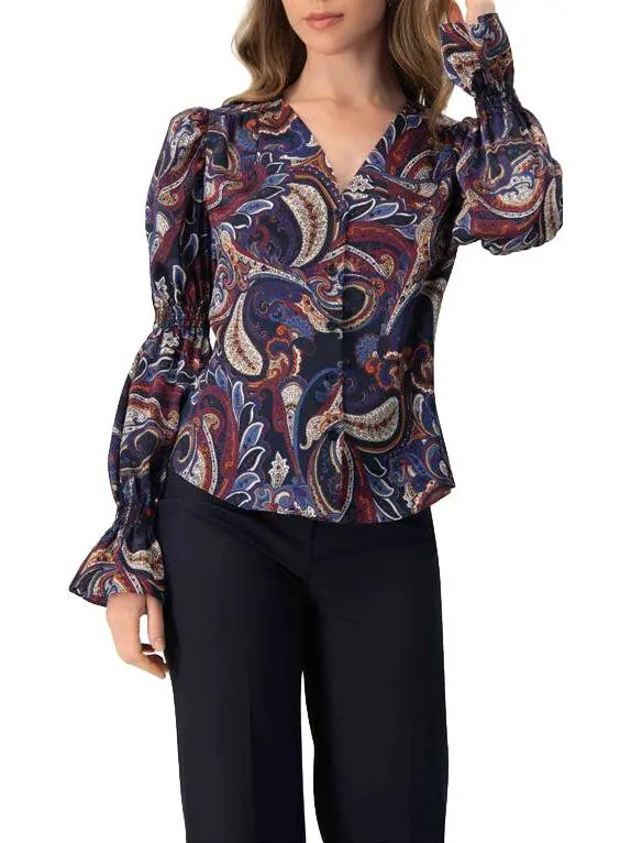 IVONNE V-neck Paisley Printed Shirt With Smocked Sleeves - Multi-brown