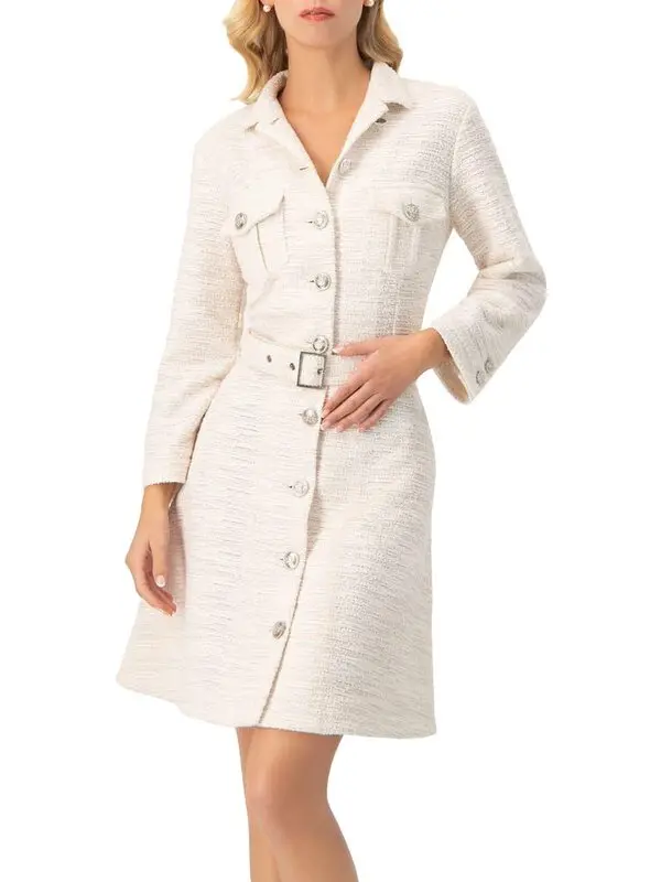 IVONNE Tweed Button Down Belted Midi Dress - Natural