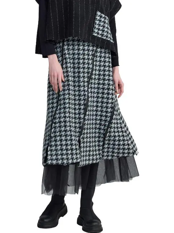 LUUKAA Houndstooth Wool-blend Felt Midi Skirt - Monochrome Black