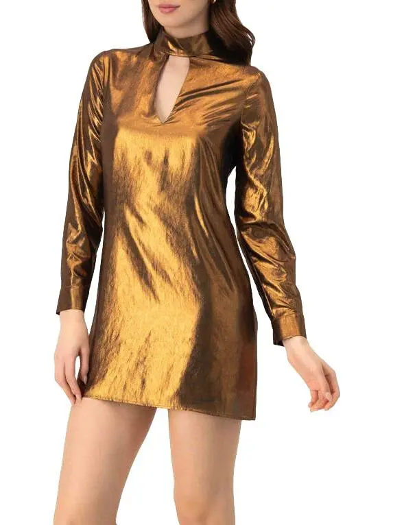 IVONNE Long Sleeve Keyhole Neckline Satin Mini Dress - Copper
