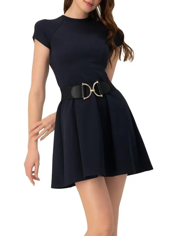 IVONNE A-line Short Sleeve Mini Dress - Navy Blue