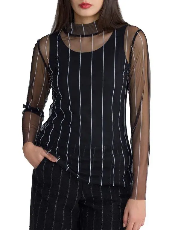 LUUKAA Eisley Striped Mesh Blouse - Black Ecru