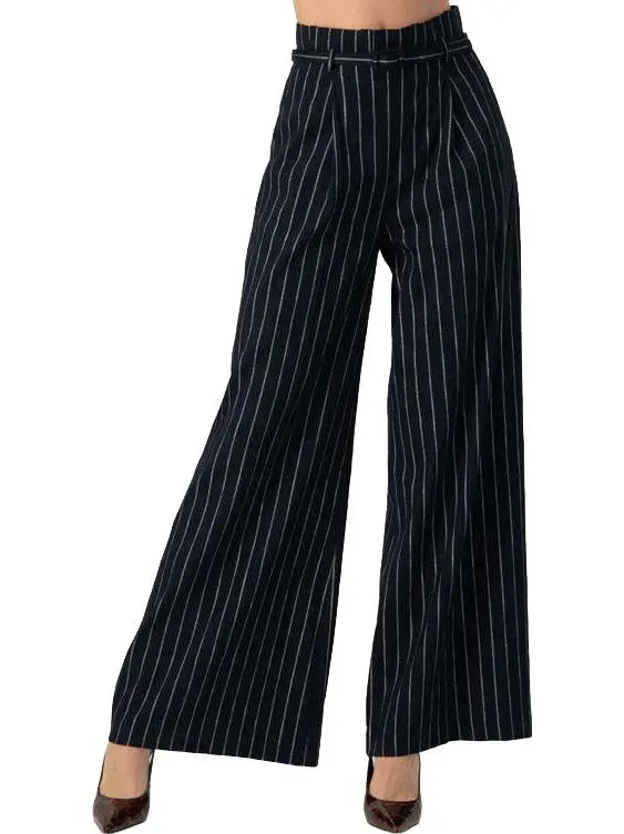 IVONNE Striped Wide-leg Trousers With Belt - Navy Blue