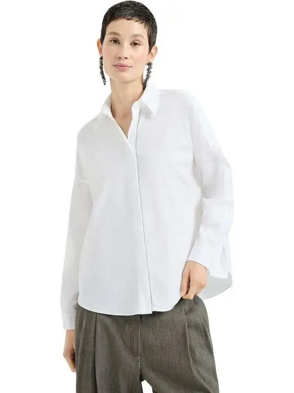 Brunello Cucinelli Stretch Poplin Shirt With Monili - White