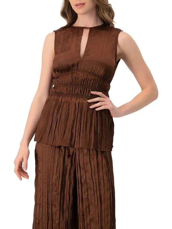 IVONNE Sleeveless Pleated Blouse - Brown