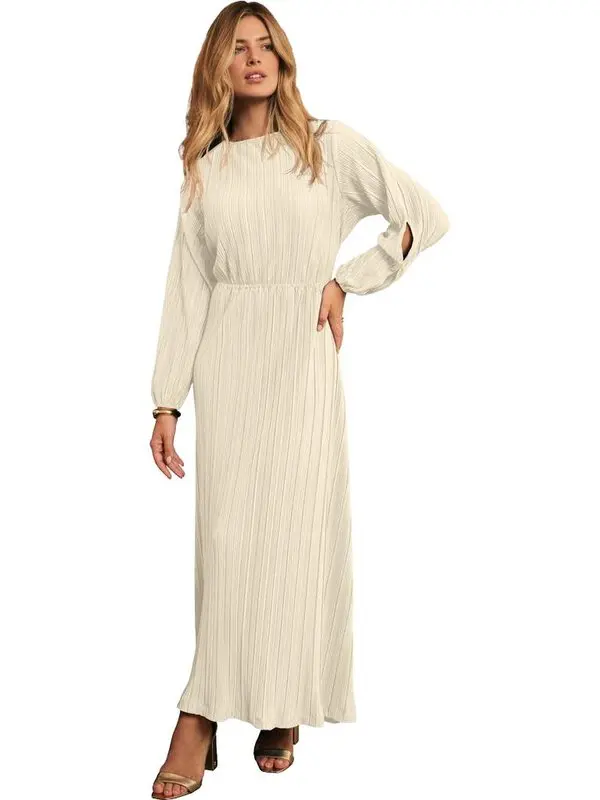 JESSICA LONDON Slit Sleeve Plisse Maxi Dress - Oatmeal