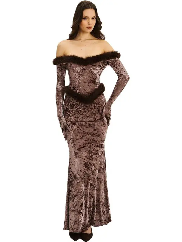 MISS CIRCLE NEW YORK Sweetheart Bardot Faux Fur Velvet Mermaid Maxi Dress - Coffee