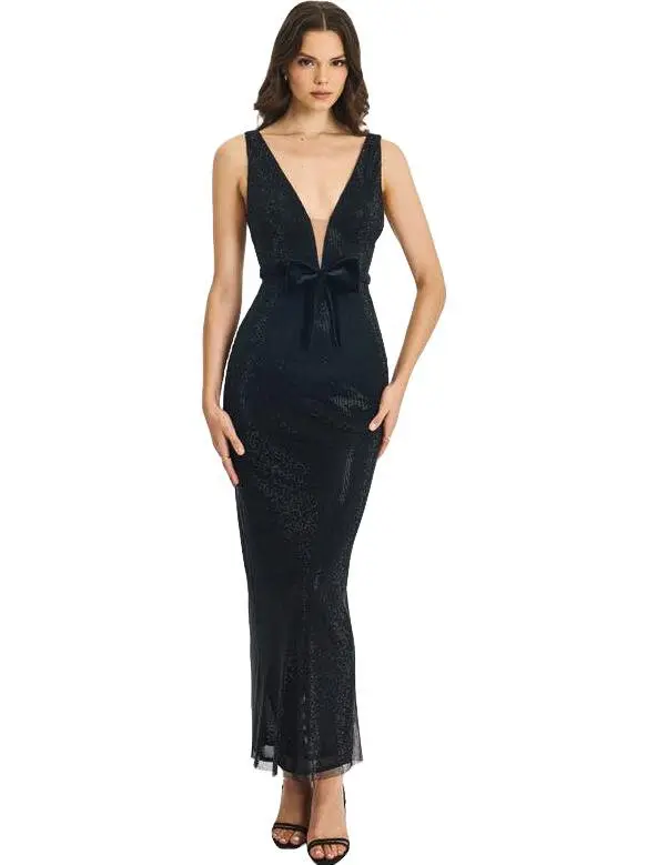 MISS CIRCLE NEW YORK Olympia Belted Bow Plunging Rhinestone Maxi Dress - Black