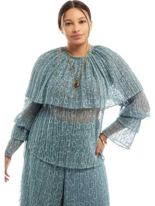 JUNE & VIE Ruffled Lace Cape Blouse - Mountain Spring