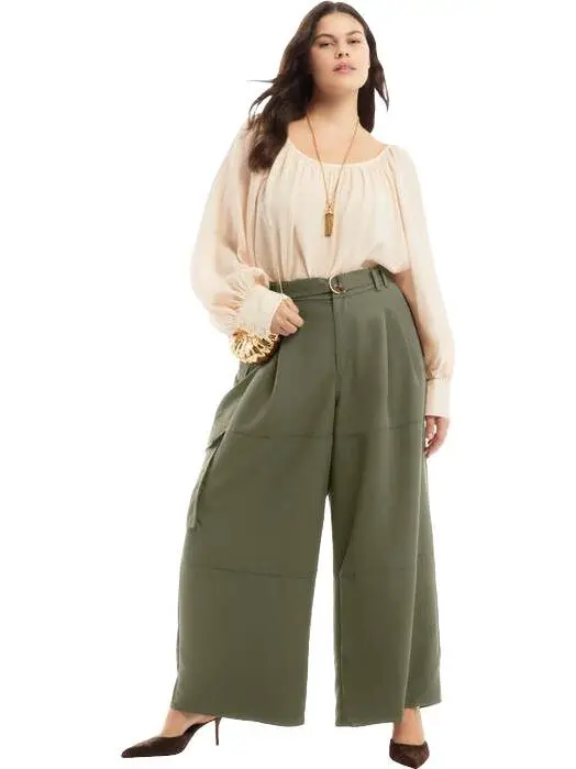 JUNE + VIE High-rise Wide-leg Cargo Trousers - Dark Olive