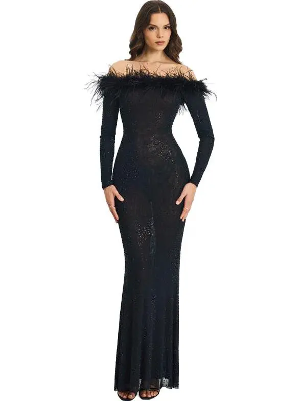 MISS CIRCLE Fur Trimmed Off-shoulder Rhinestone Mesh Mermaid Dress - Black