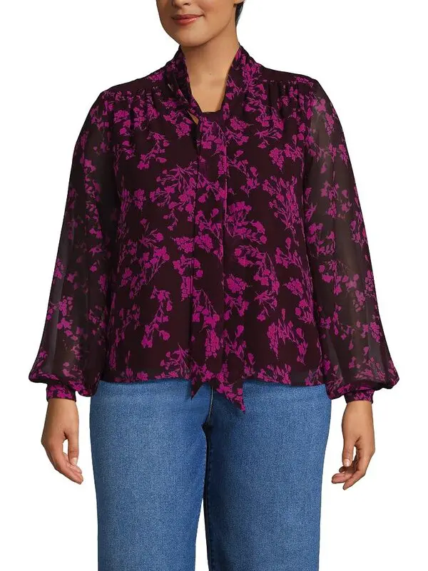 LANDS' END Chiffon Tie Neck Blouse - Lush Burgundy Wildflowers