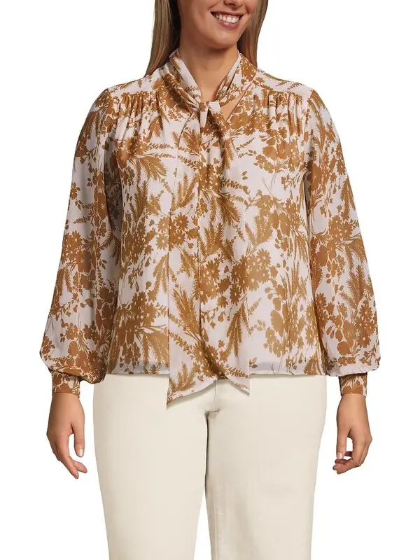 LANDS' END Chiffon Tie Neck Blouse - Pink Opal Wildflowers