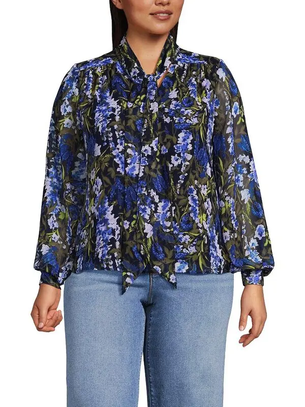 LANDS' END Chiffon Tie Neck Blouse - Radiant Navy Multi Floral