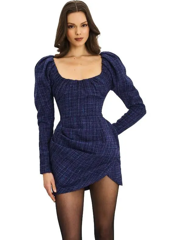 MISS CIRCLE NEW YORK Tweed Ruched Puff Sleeve Mini Dress - Navy